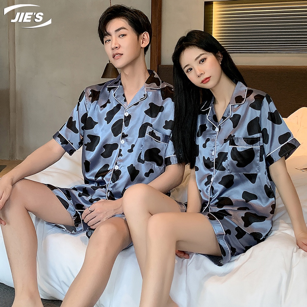 M-4XL Korean silk Couple plus size sleepwear terno short sleeve unisex ...