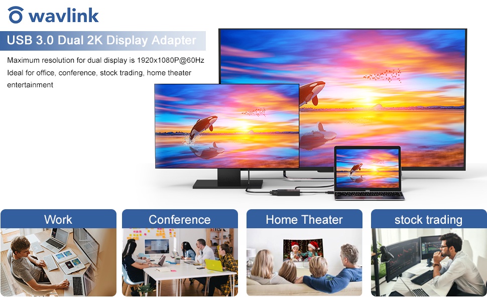 Wavlink USB3.0 Dual 2K Display Adapter, USB to HDMI VGA DVI, External ...