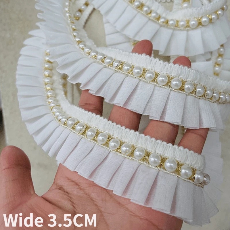 3.5CM Wide White Chiffon Pleats Wed Lace Fabric Needlework Ribbon ...