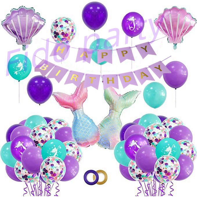 Mermaid Tail Purple Theme Confetti Balloon Mermaid Shell Birthday Party ...
