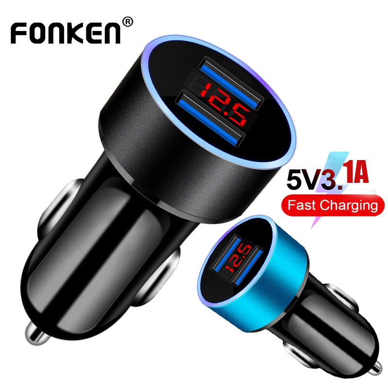 FONKEN 3.1A 5V Car Charger Dual USB 2 Port With LED Display Universal ...