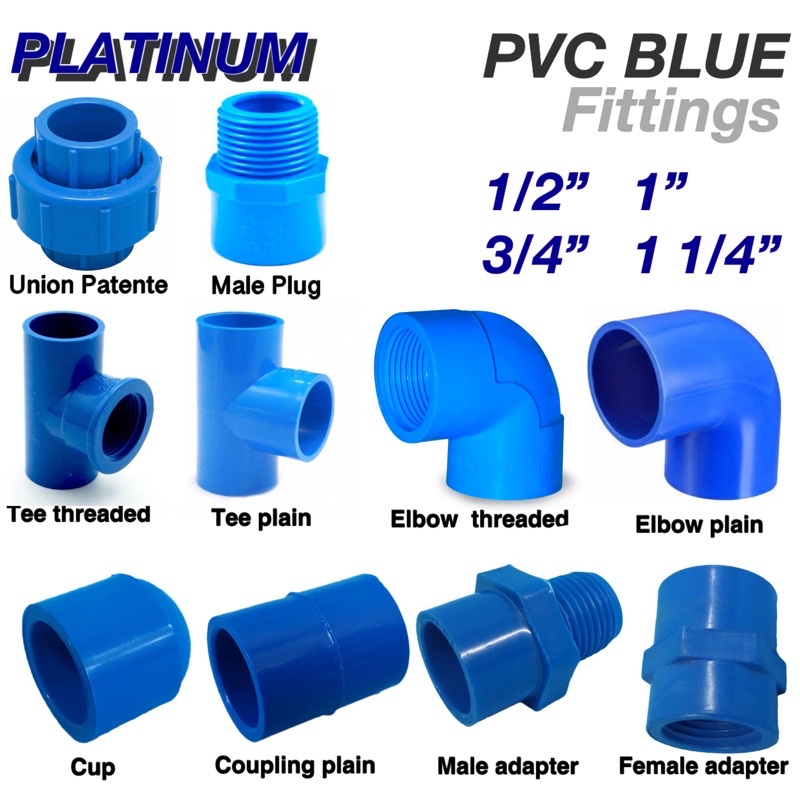 PVC Blue Fittings | 1/2 3/4 1” 1 1/4 | Elbow Tee Coupling Male Adapter ...