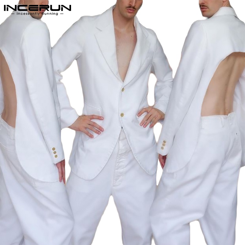 INCERUN Men Irregular Style Backless Long Sleeved Buttons Down White ...