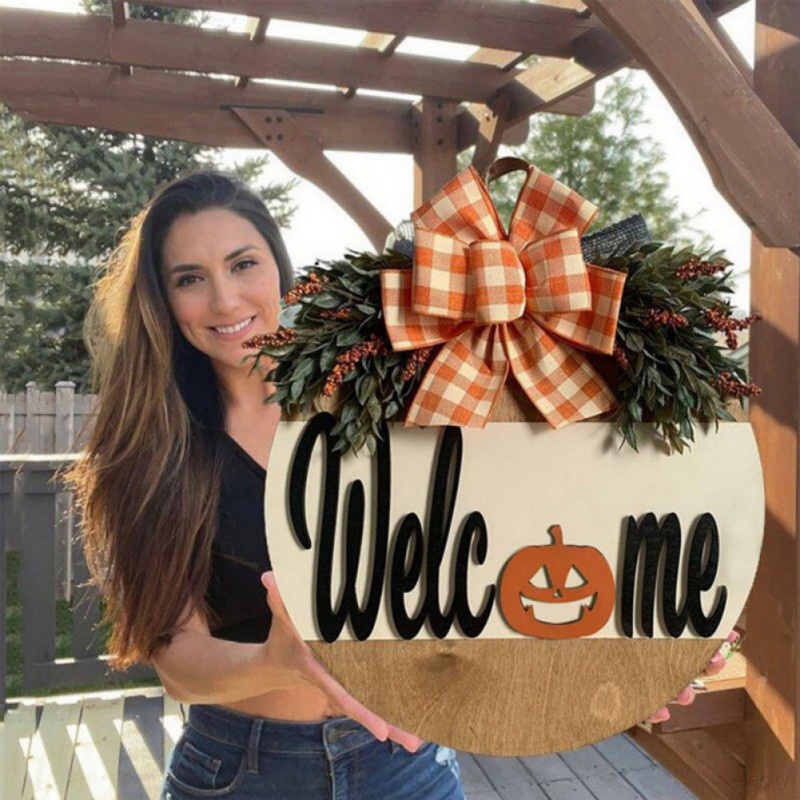 30cm Halloween Welcome Doorplate Fall Door Hanger Welcome Sign round ...