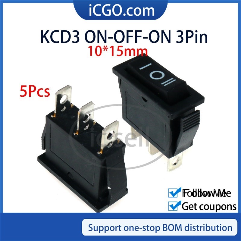 5pcs x AC 15A 250V /20A 125V 3 Pin SPDT KCD3 ON-OFF-ON 3 Position BLACK ...