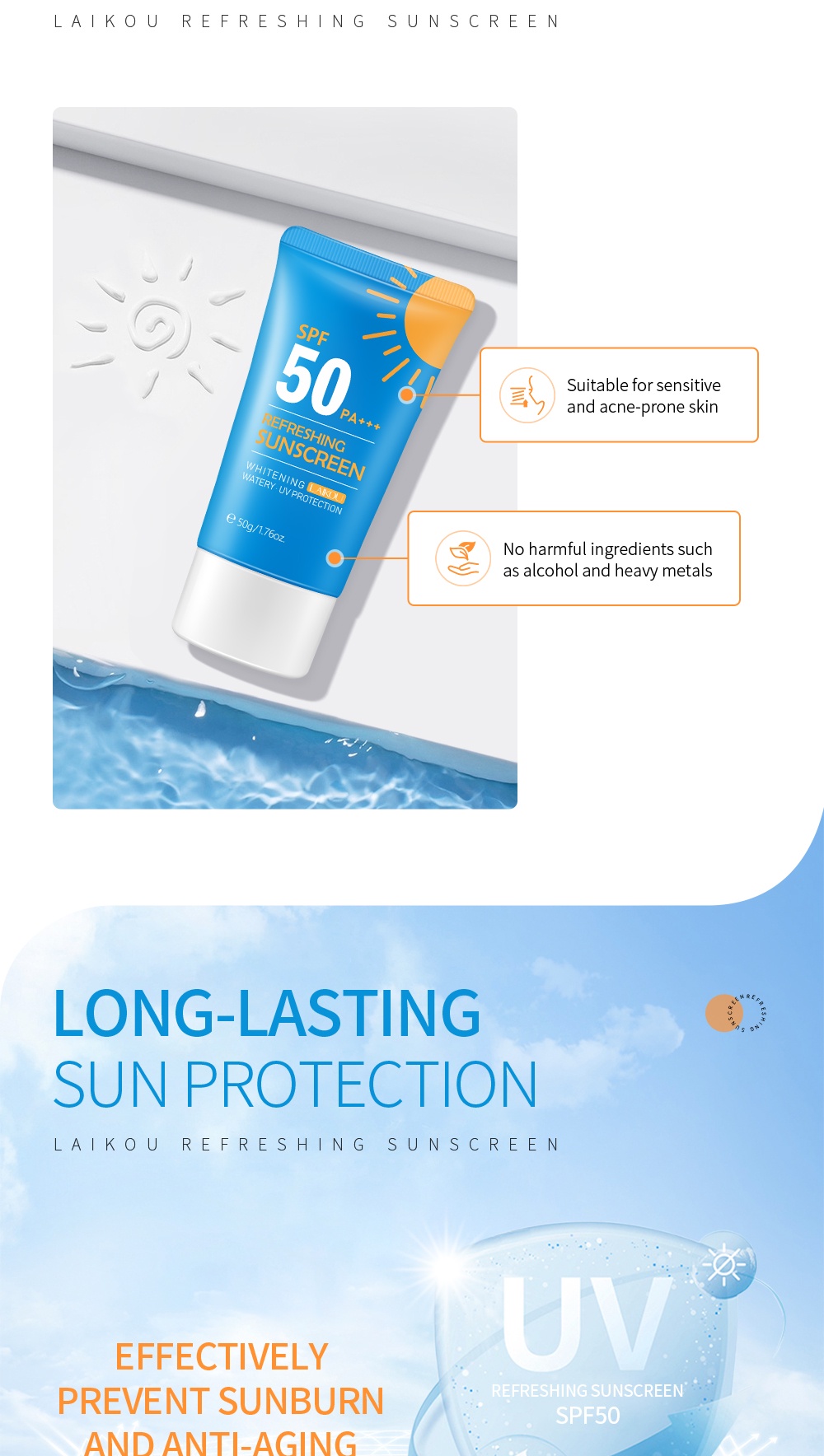 LAIKOU Refreshing Sunscreen UV Protection Whitening Face Body Sunblock ...