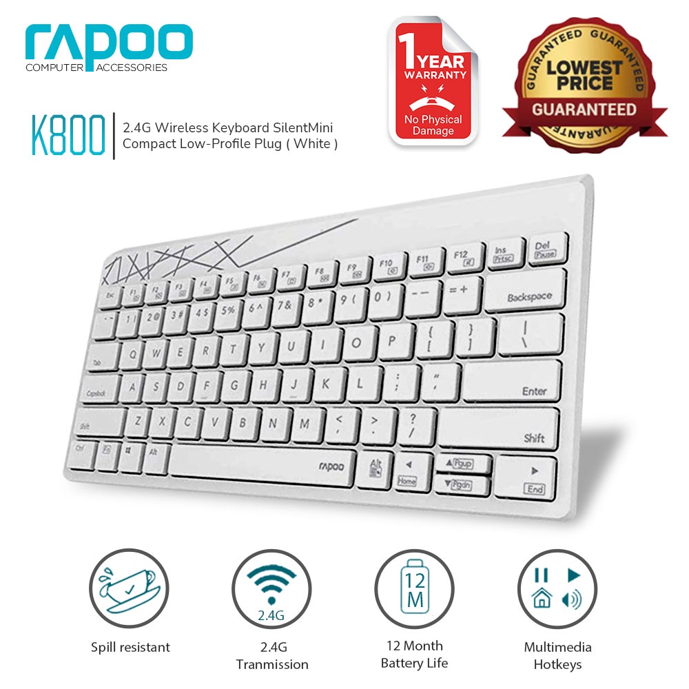 Rapoo K800/8000M 2.4G Wireless Keyboard Silent Mini Compact Low-Profile ...