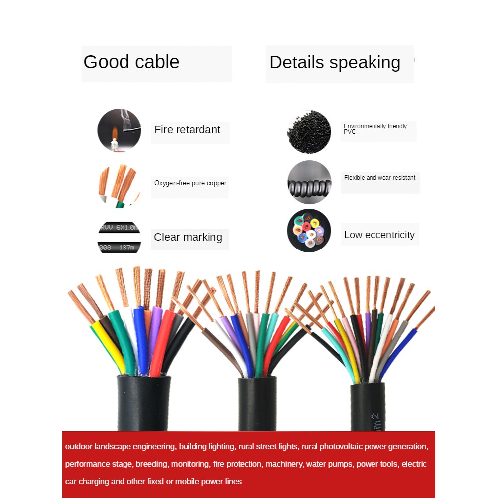 RVV 12 Cores Copper Wire Conductor Electric AVVR KVVR Cable Black Soft ...