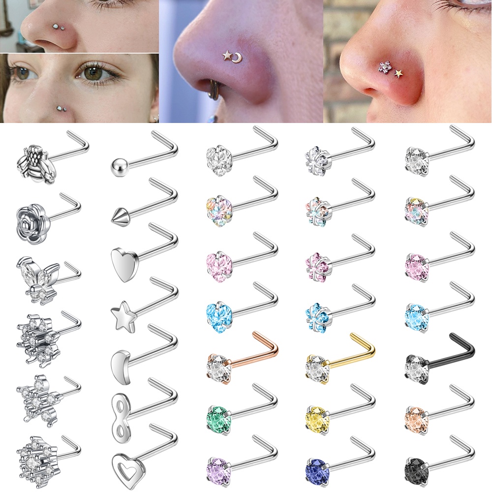 4 Pcs/lot Stainless Steel Nose Piercings Color Crystal Heart Flower ...