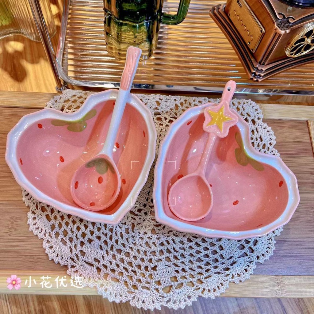 Strawberry Love Bowl Spoon Cute Pink Girl Heart Star Ceramic Dessert ...