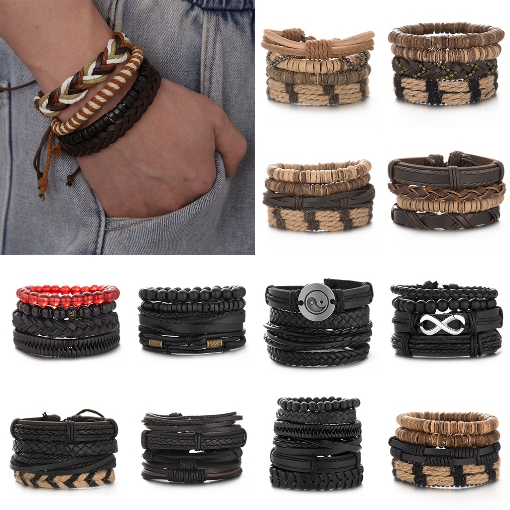 4/5Pcs Fashion Men Beaded Wooden Bead Braided Bracelet Leather ...