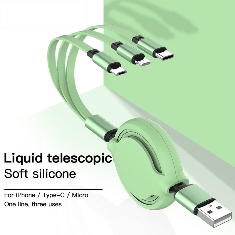 Retractable USB Cable Liquid Silicone Cord 3 in 1 Fast Charging Micro ...