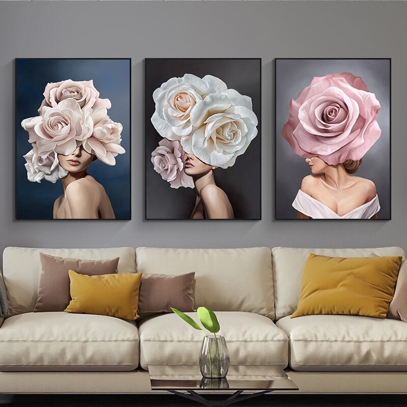 Flower woman canvas painting flower head woman portrait posters flower ...