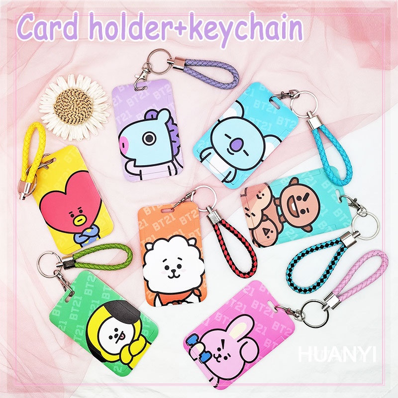 Kpop BTS BT21 Cartoon Cute ID Card Case With Keychain Tata Cooky Chimmy ...