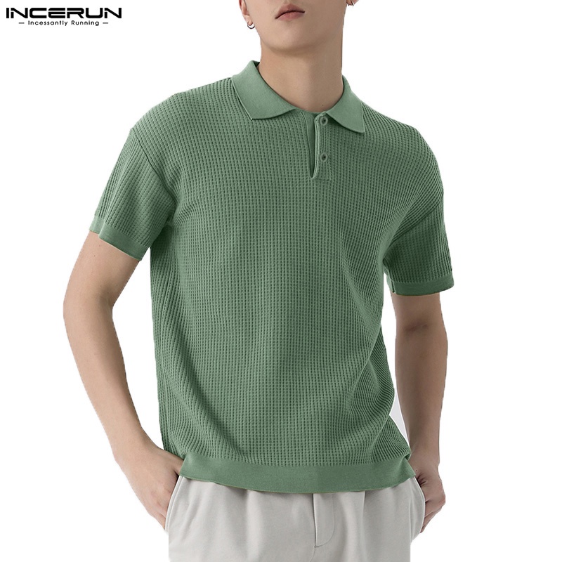 INCERUN Men's Summer Short Sleeve Waffle Solid Color Collared Polo ...