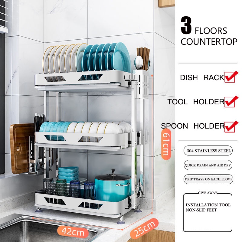304 Stainless Steel Dish Rack Draining Rack Multi-Functional Kitchen ...