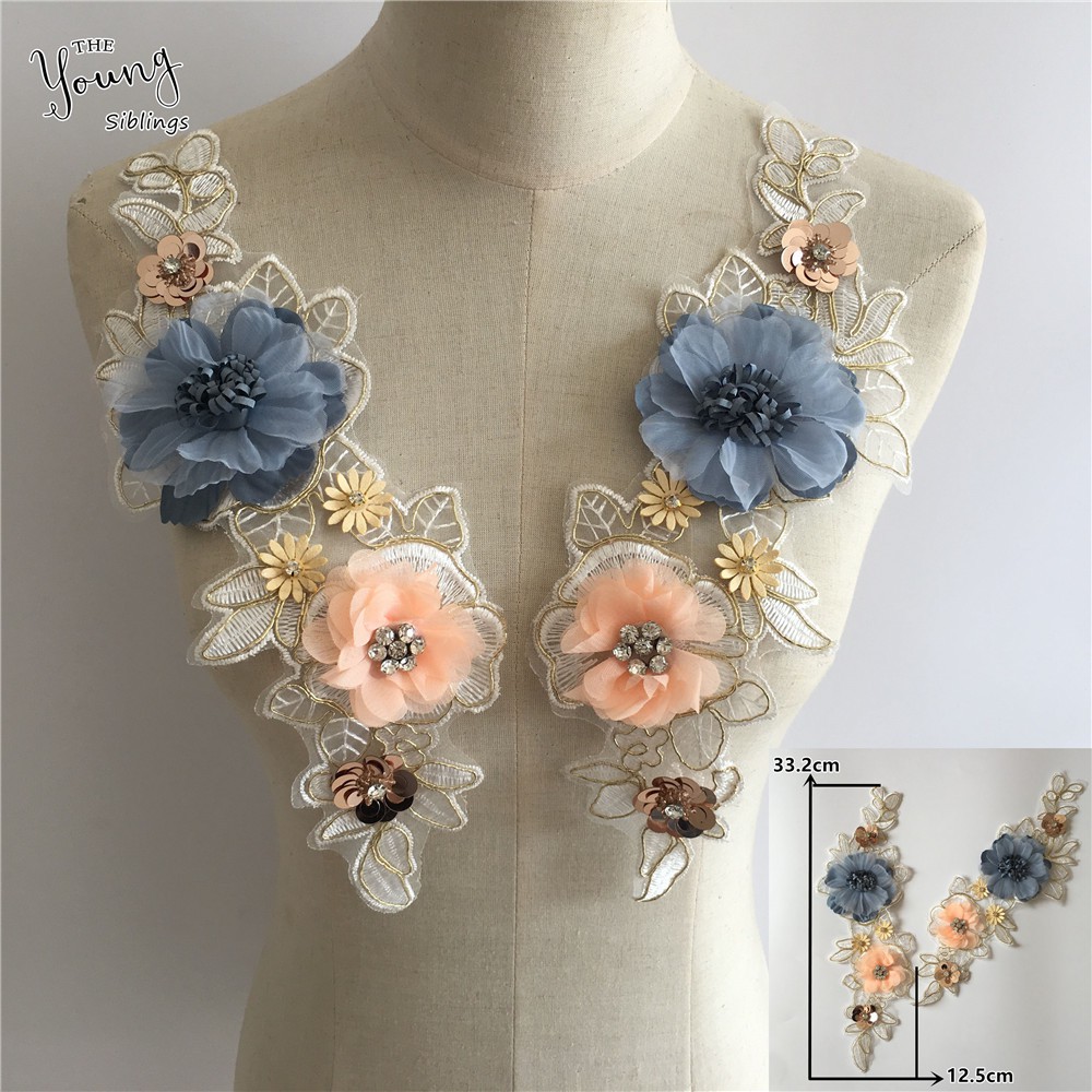 2Pcs/Set 3D Flower Sequin Lace Embroidery Applique Rhinestone Collar ...