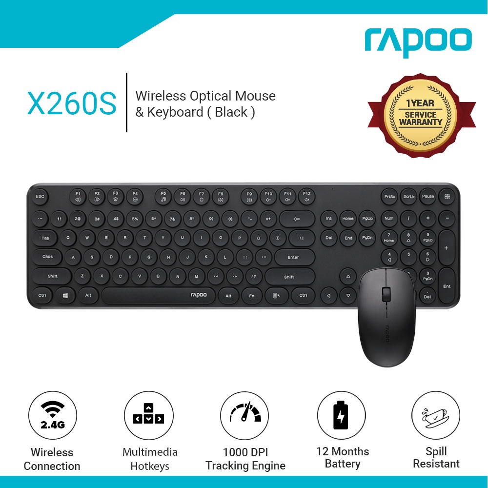 RAPOO X260S Slim Wireless Keyboard and MouseSet Retro Round Accurate ...