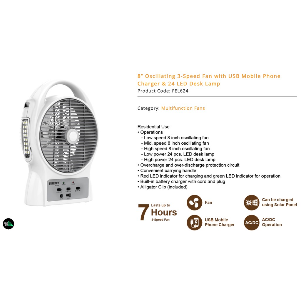 Firefly 8” Oscillating 3-Speed Fan with USB Mobile Phone Charger & 24 ...