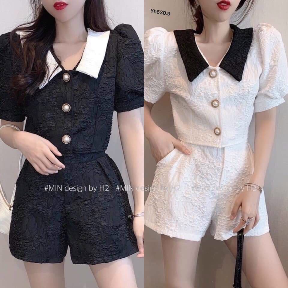 Set of jade button crop top with shirt collar and brocade short pants ...