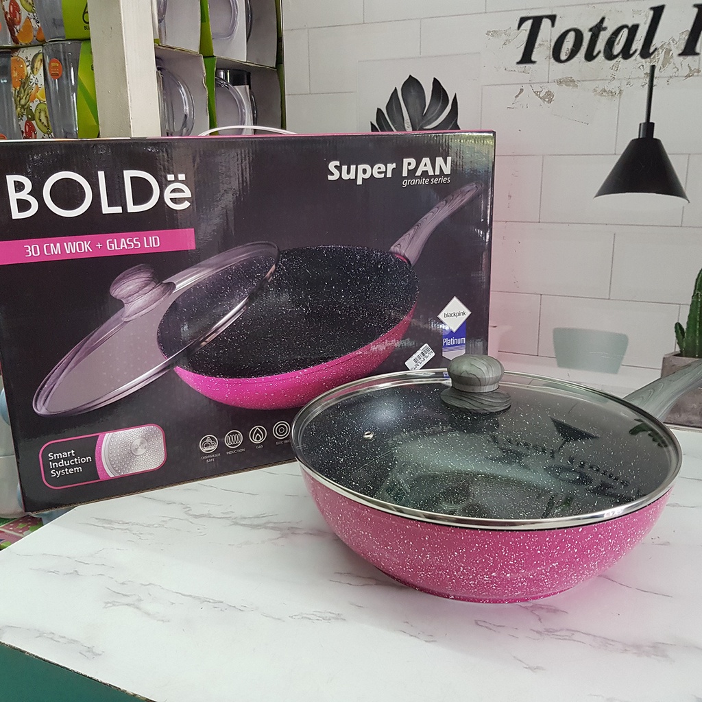 Bolde Wok With Ceramic Glass Lid Handle Black Pink 30cm | Shopee ...