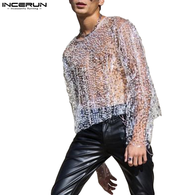 INCERUN Men Long Sleeve Sheer Sequined Loose Transparent Undershirts T ...