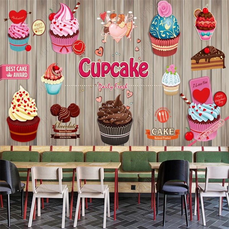 Wooden Cupcake Cake Mural Wallpaper Dessert Shop Bakery Industrial ...