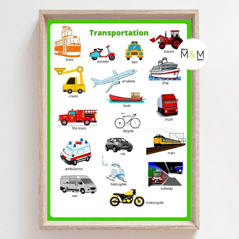 TRANSPORTATION / VEHICLES Chart | A4 Size | Laminated Educational Wall ...