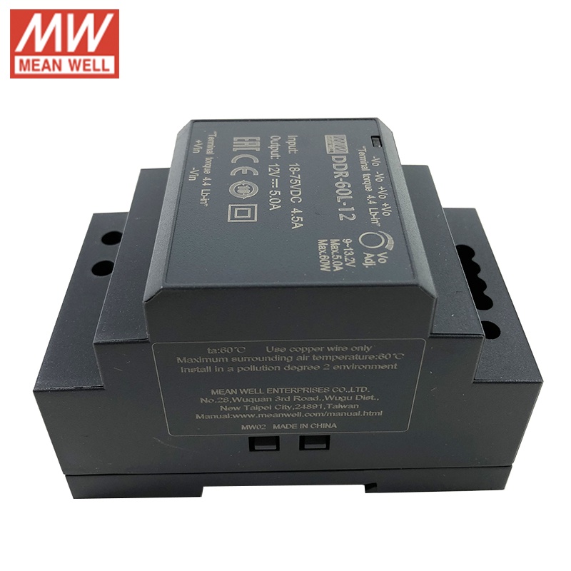 MEAN WELL DDR-60L-5 60W DIN Rail DC-DC Converter Input 18-75V DC To 5V DC 12A 60W Meanwell Power ...