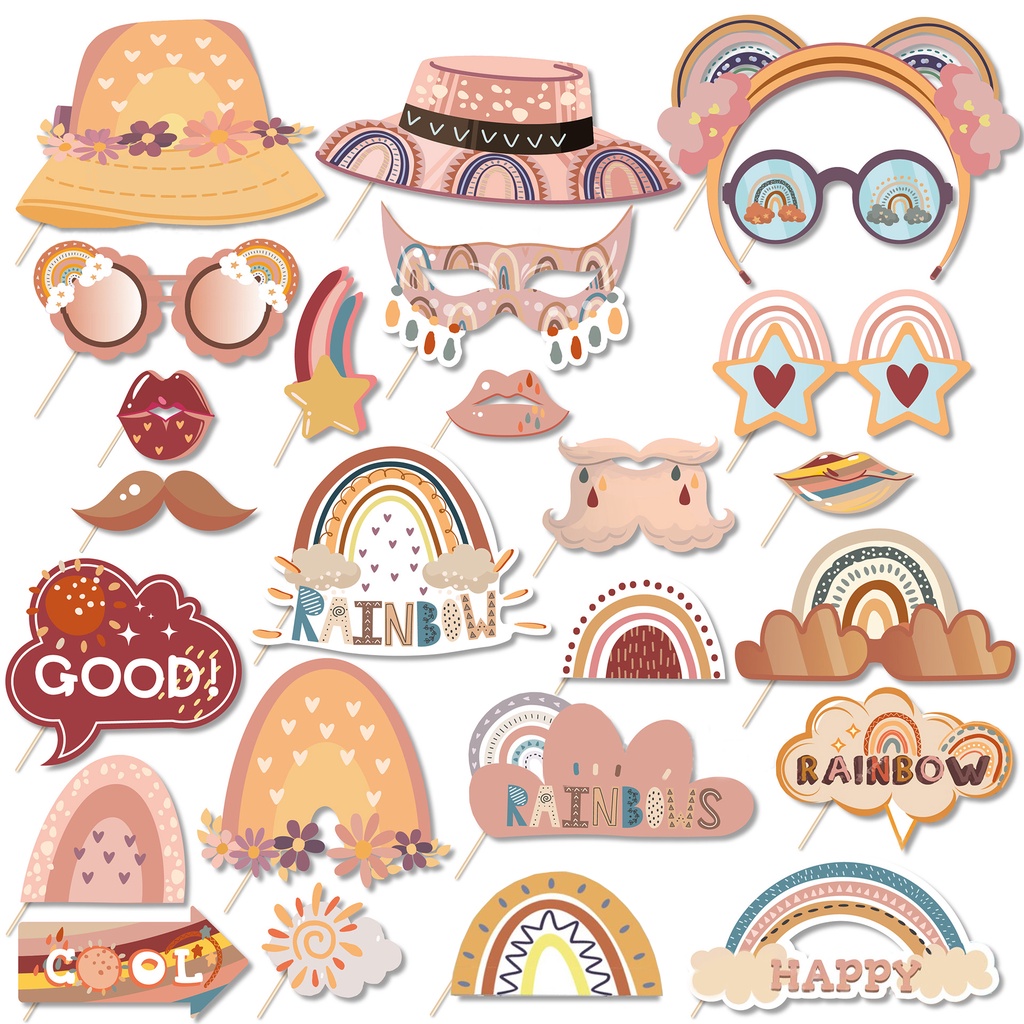 FANGLELAND 25Pcs Boho Photo Booth Props Rainbow Flower DIY Photo Tools ...