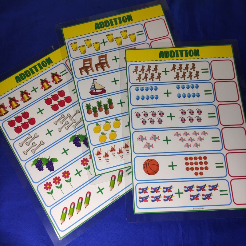 3pcs Basic Addition worksheets for kids Write & Erase A4 size Laminated ...
