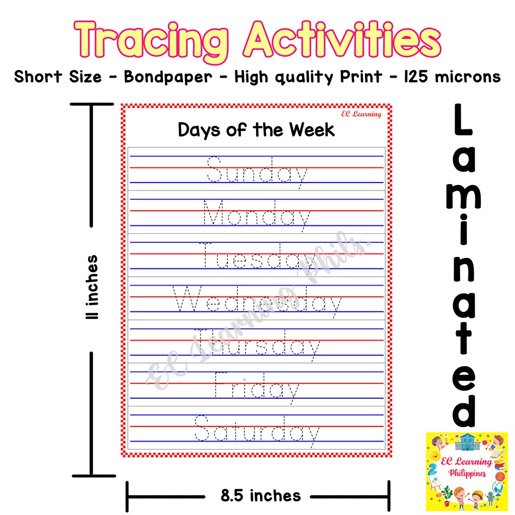 Laminated Tracing DAYS OF THE WEEK and ARAW SA ISANG LINGGO (Reusable ...