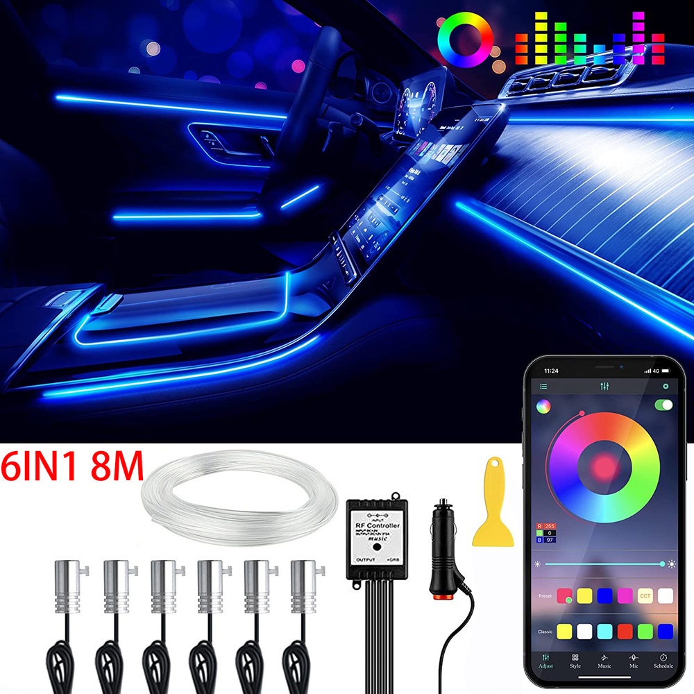 6IN1 8M Neon LED Strip Car Interior Ambient Light App Music Control RGB ...