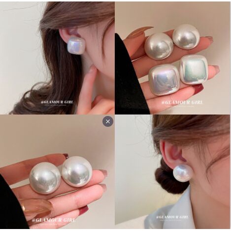 Silver Needle Fashion Geometric Big Shiny Pearl Stud Earrings Simple ...
