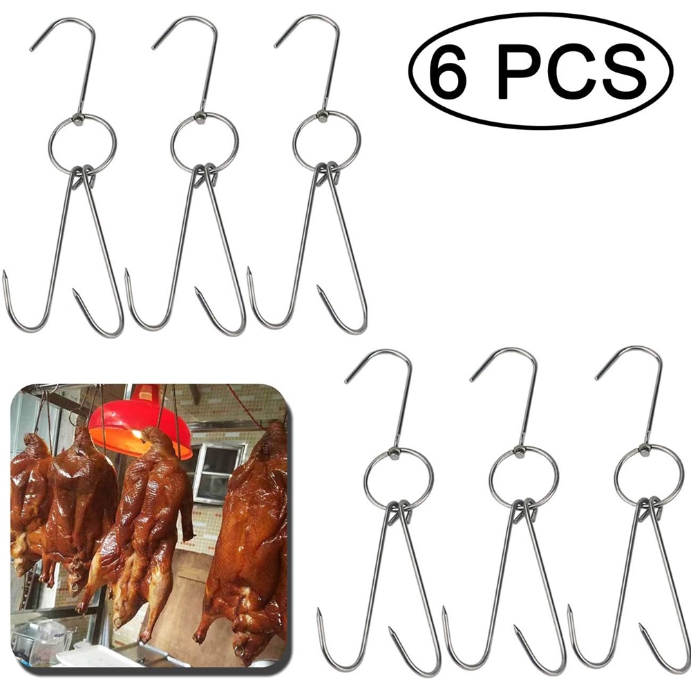 6PCS Stainless Steel Double Meat Hooks Roast Duck Bacon Shop Hook BBQ ...