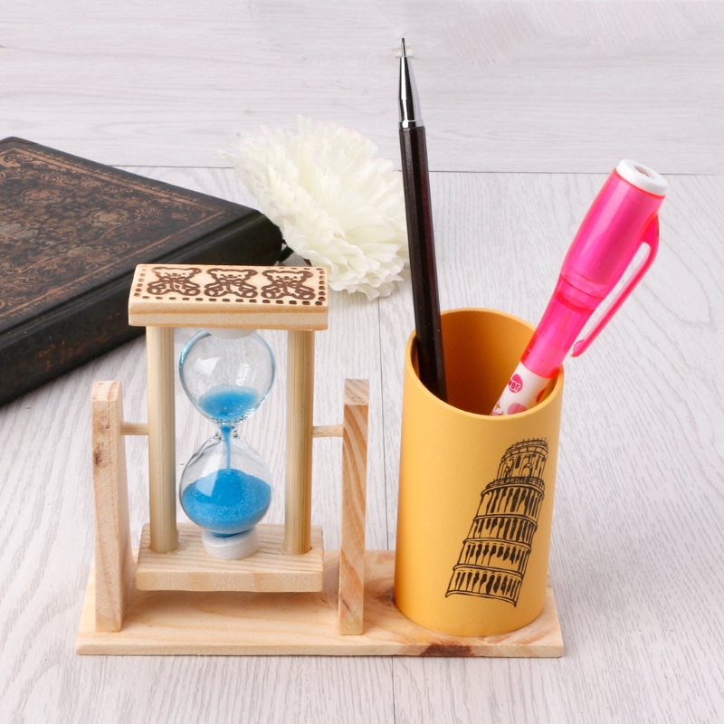 love*Timer Wood Pen Holder Office Desk Accessories with Hourglass Scrub ...