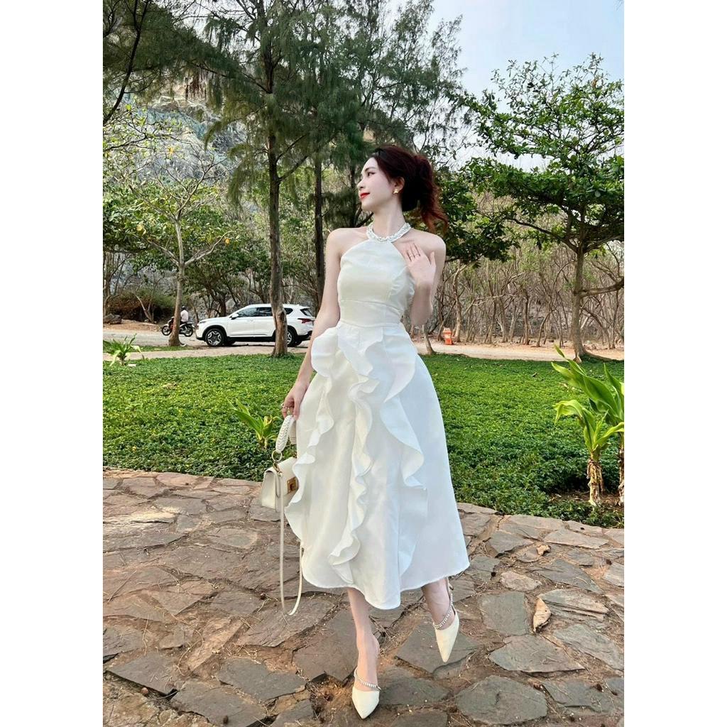 Inlaid beads overalls dress with duckweed, long-sleeved white dress ...