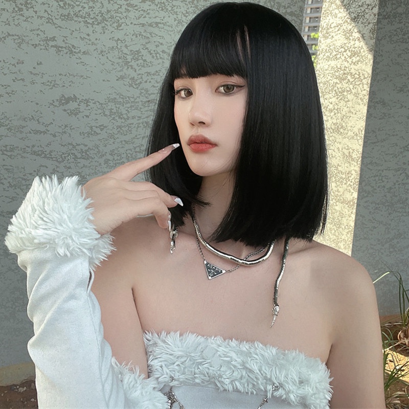 New wig female short straight hair black bob bobo head repair face ...