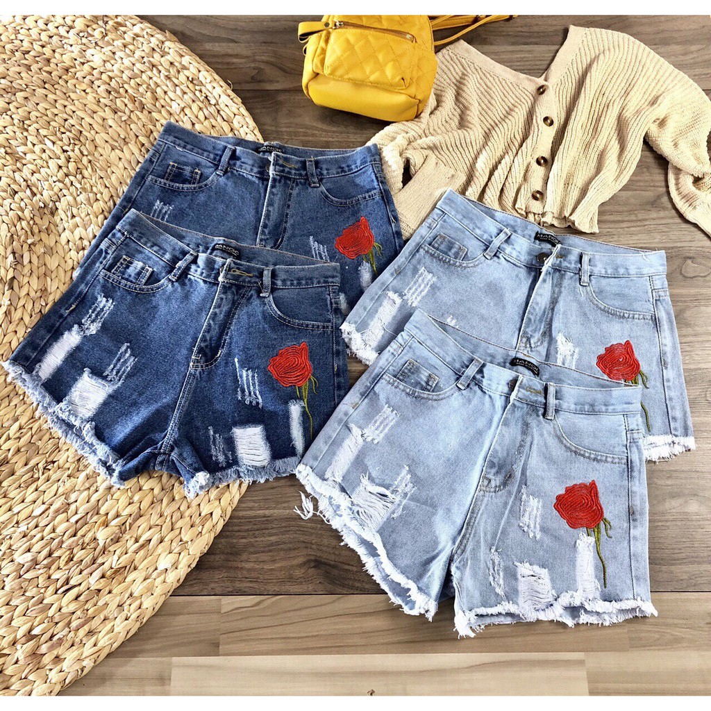 Stylish Female JEANS Shorts Rose Embroidery | Shopee Philippines