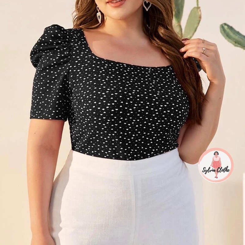 Sylvia Plus size Polka Dots Print Puff Sleeve Tee Fits To 2XL 31122 ...
