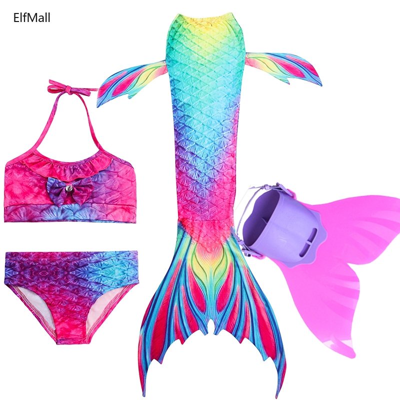 2-10 Years Girls Swimming Mermaid Tail with Monofin Bikini 4PCS Sets ...