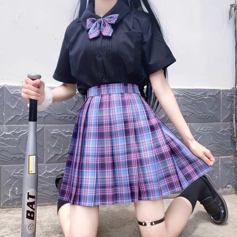 Japanese jk grid skirt pleated high waist a-line female student genuine ...