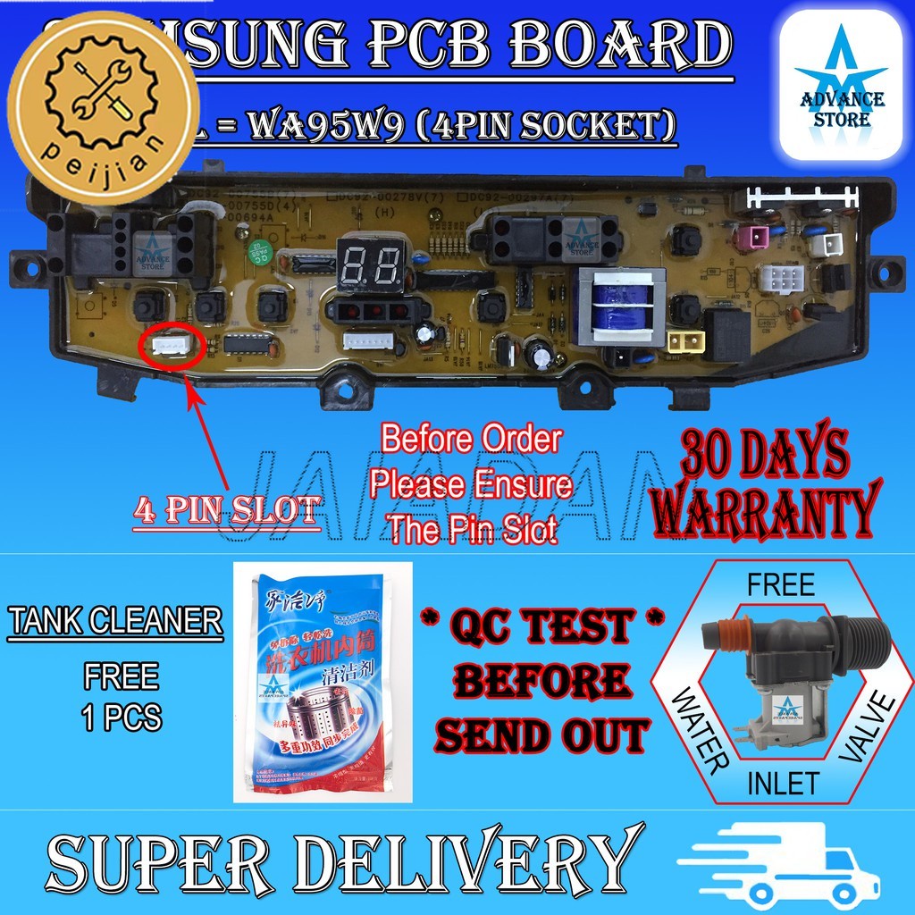 Samsung PCB Board Washing Machine Model = WA95W9 WA95G9 ( 4 Pin Socket ...