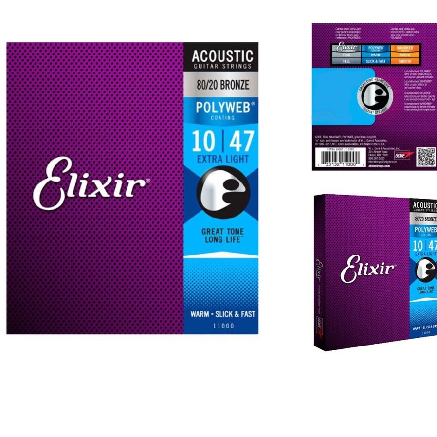 Elixir Polyweb 80/20 Bronze Custom Light Acoustic Strings, 10-47 ...