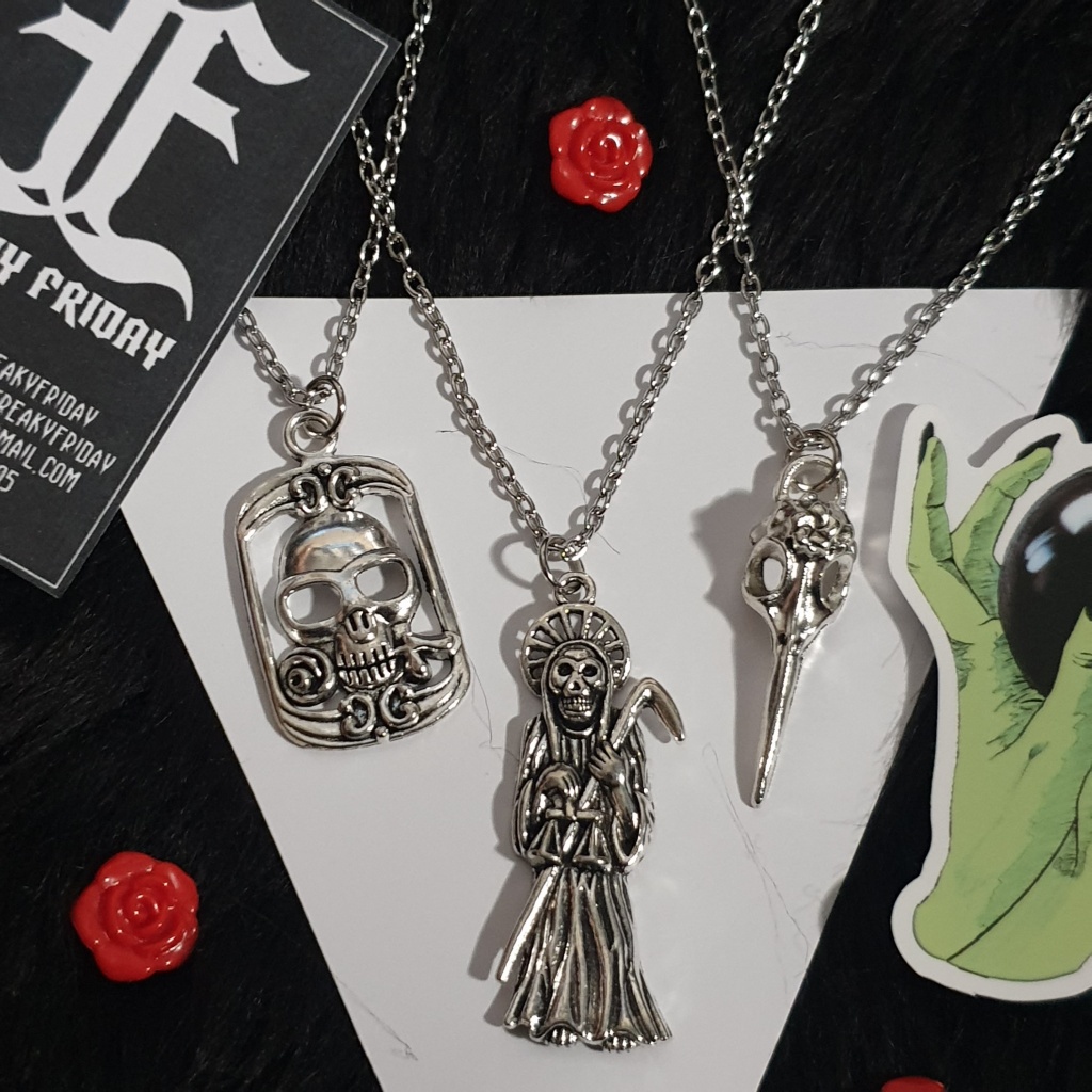 Day of the Dead Raven Skull Skeleton Charm Chain Necklace Gothic ...