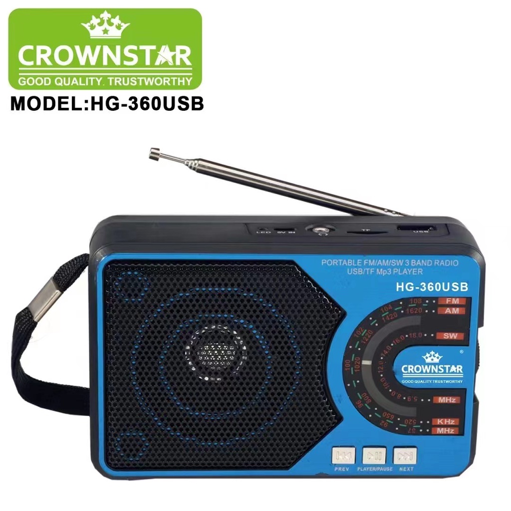 PinSan CROWNSTAR AM/FM/SW 3 Band Portable Radio Rechargeable USB/TF MP3 ...