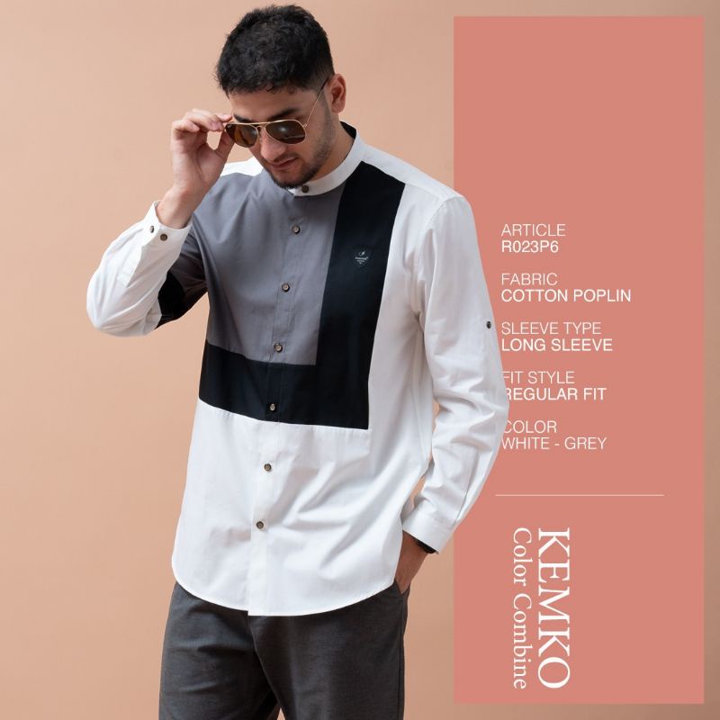 KEMEJA Shirt Koko Color Combine R 023p - White Gray - Poplin - Long ...