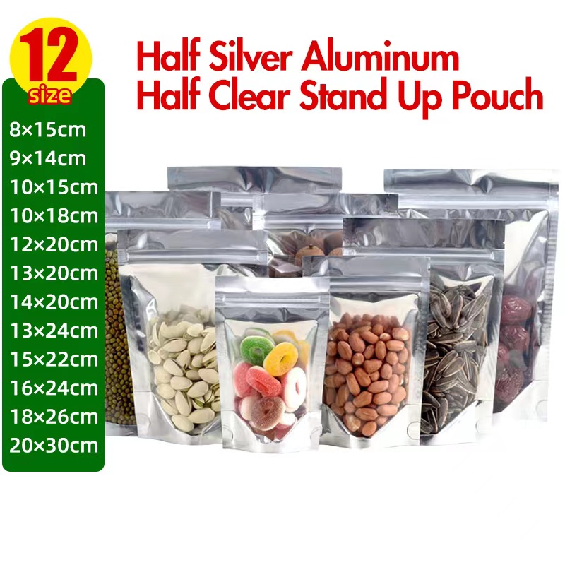 100pcs Half Silver Aluminum Half Clear Stand Up Pouch with Zip Lock Packaging Ziplock Resealable ...