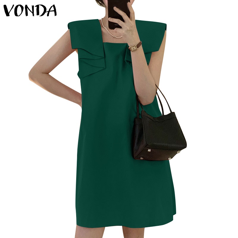 Vonda Women Korean Sleeveless Square Collar Plain Elegant Pleated Short ...