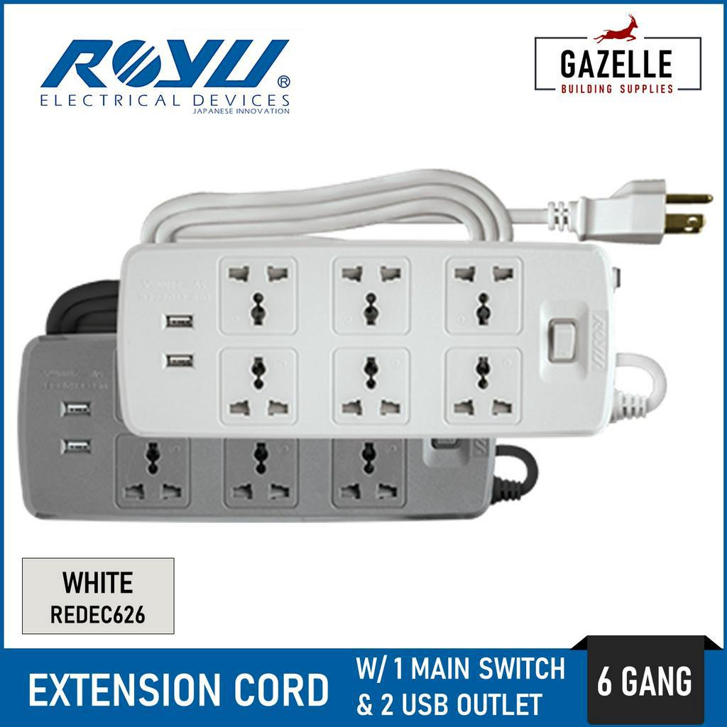 Royu Power Extension Cord Outlet w/ Switch and USB - 6 Gang REDEC626 ...